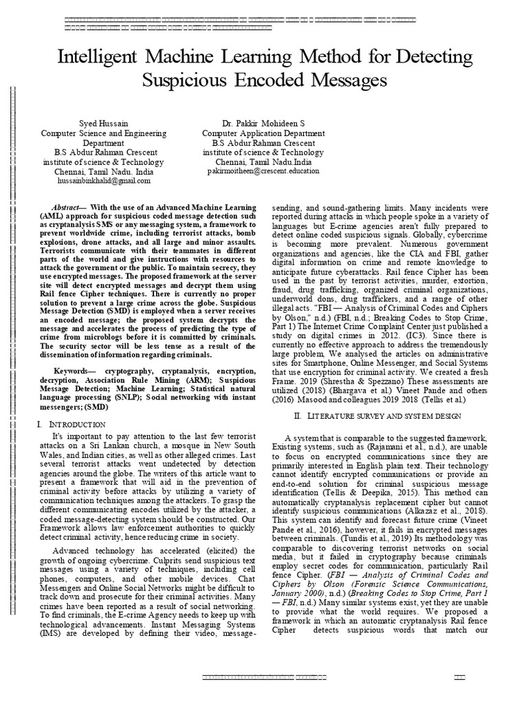 Intelligent Machine Learning Method For Detecting Suspicious Encoded Messages | PDF | Cipher ...