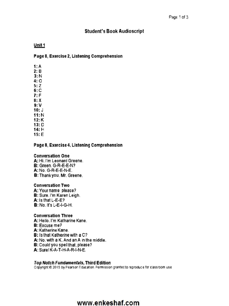 Top Notch Fundamentals Unit 1-7 Audio Script | PDF