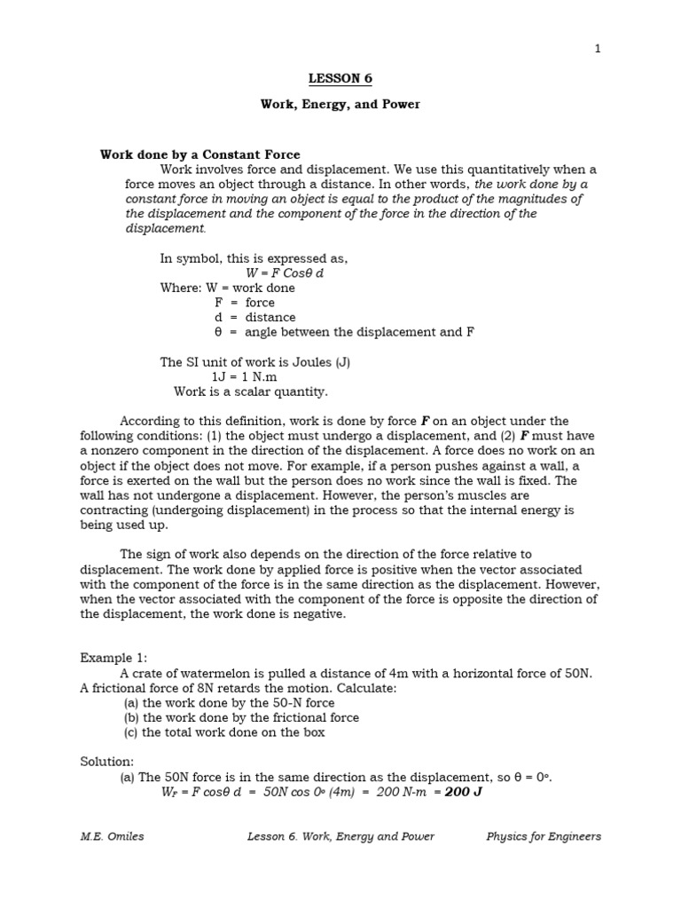 Lesson 6. Work Energy and Power | PDF | Force | Power (Physics)