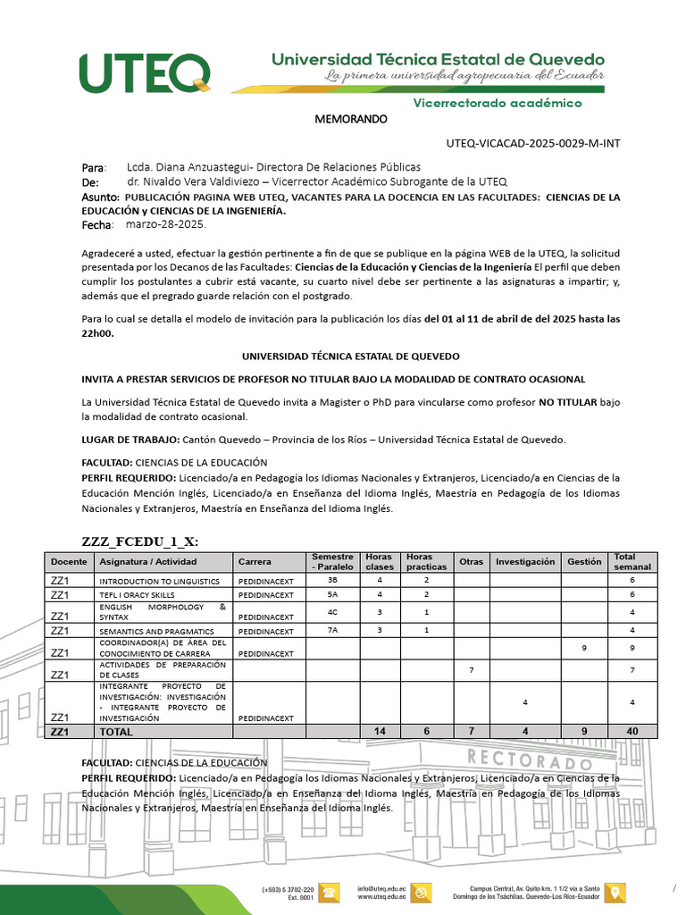 Contrato Ocasional 2025 Uteq | PDF | Maestros | Sicología