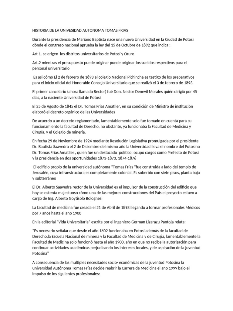 Historia de la Universidad Tomás Frías | PDF