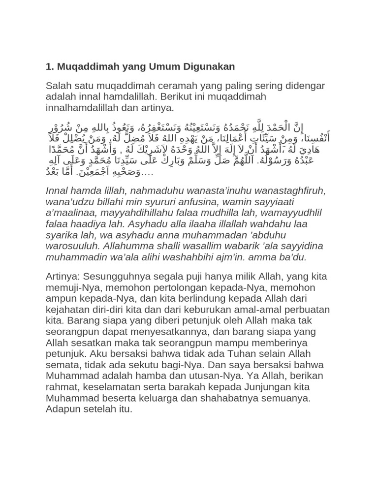 Arti dan Contoh Muqaddimah Ceramah | PDF