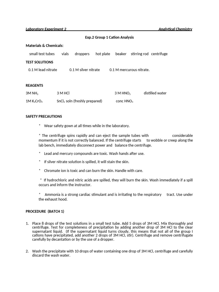 Lab Exp 2 Group 1 Cation Analysis | PDF | Hydrochloric Acid | Precipitation (Chemistry)