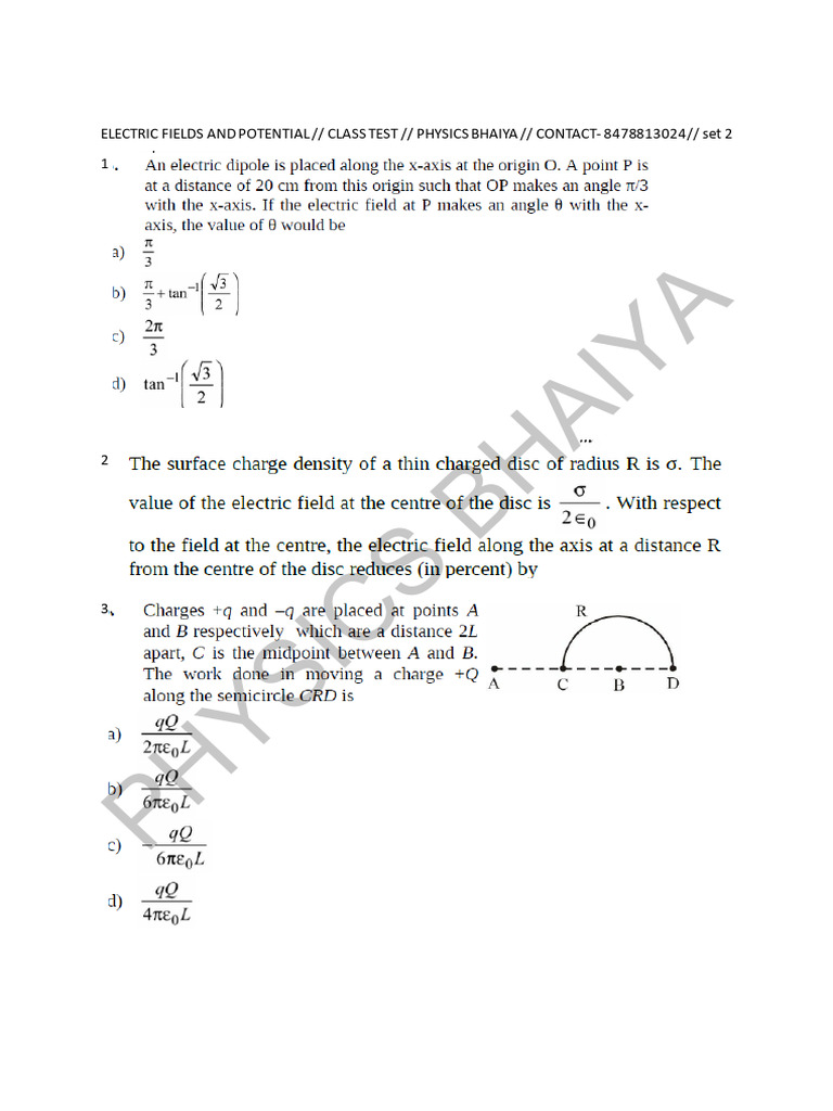 Electric Fields & Potential Test Set 2 | PDF