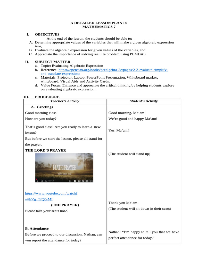 A Detailed Lesson Plan Algebraic | PDF | Equations | Variable (Mathematics)