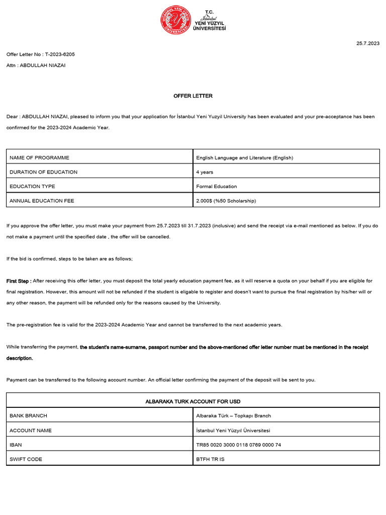 İstanbul Yeni Yüzyıl University Offer Letter | PDF