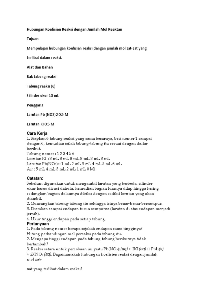 Hubungan Koefisien Reaksi Dengan Jumlah Mol Reaktan | PDF
