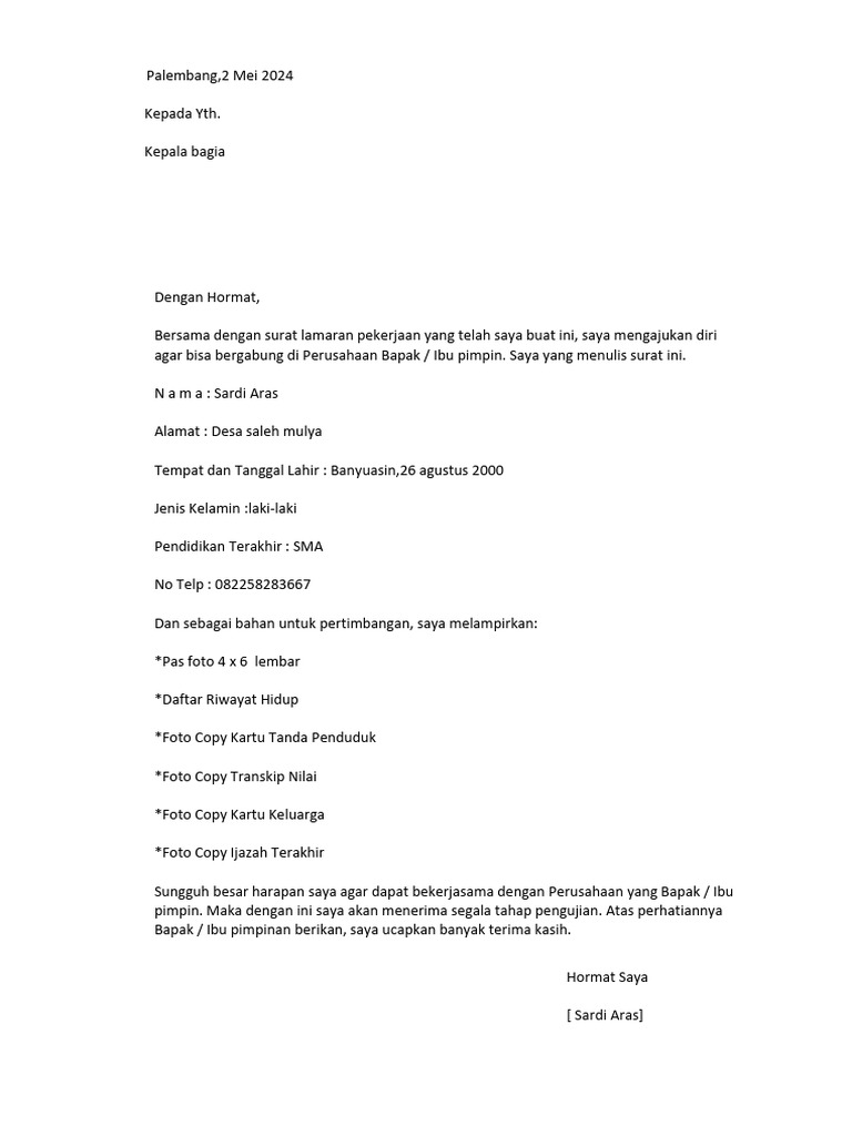 Surat Lamaram Kerja Sardi Aras | PDF