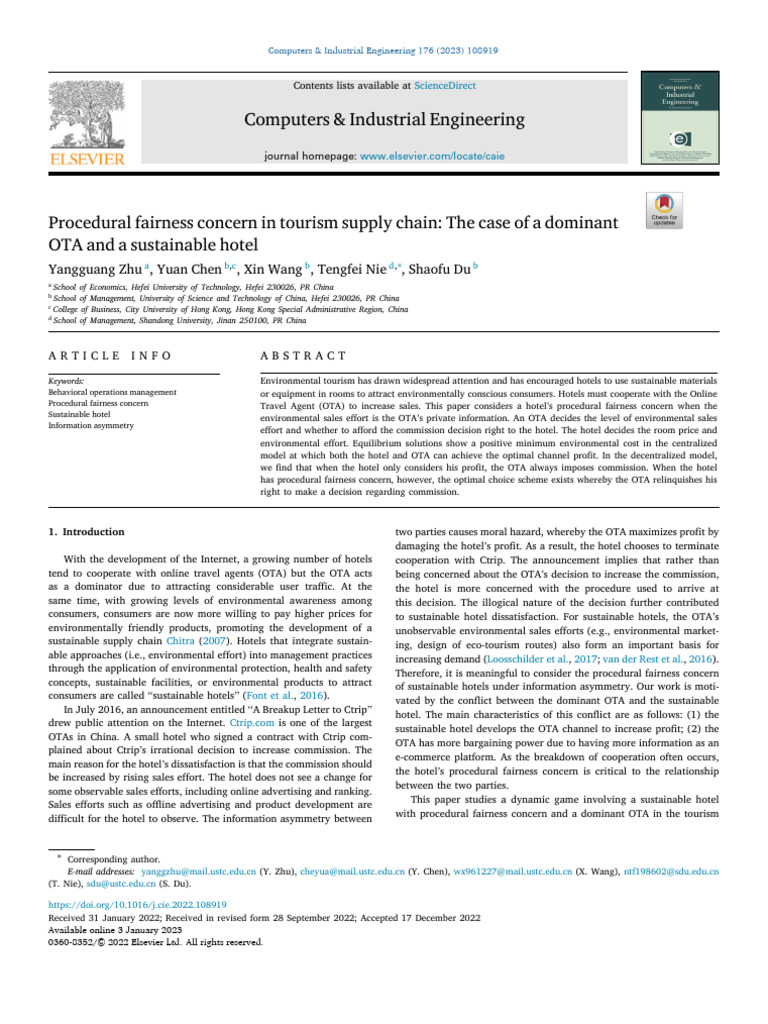Computers & Industrial Engineering: Yangguang Zhu, Yuan Chen, Xin Wang, Tengfei Nie, Shaofu Du ...