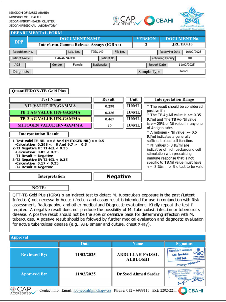 T25Q149 QuantiFERON-TB Gold Report JRL | PDF | Tuberculosis | Medical ...
