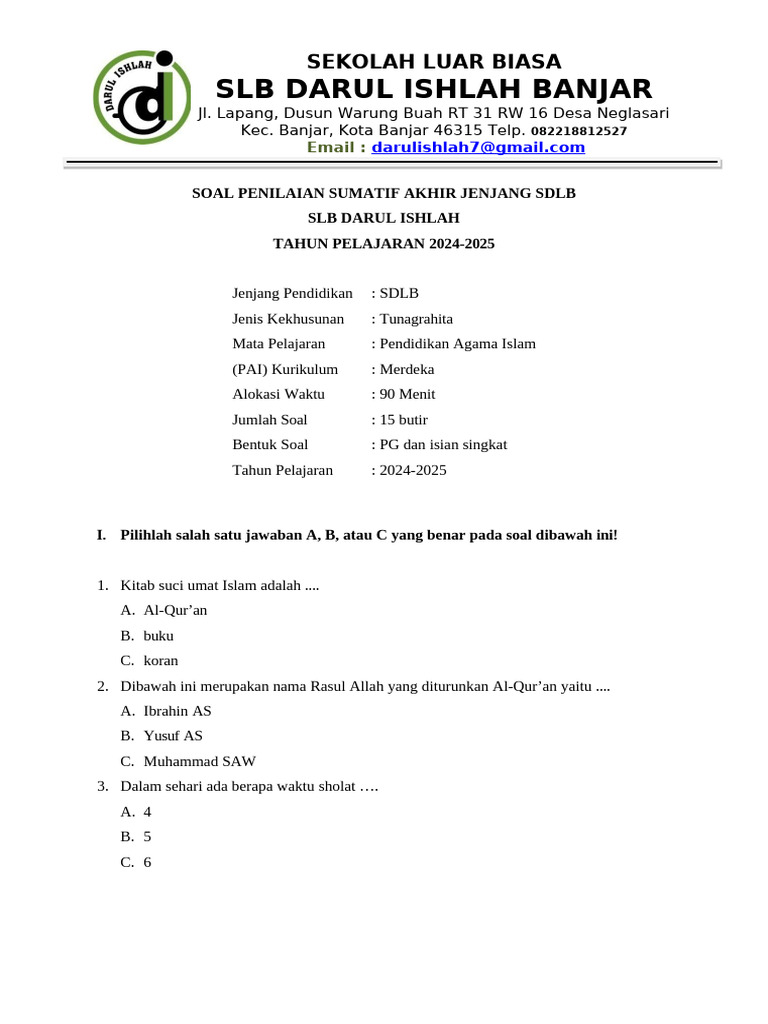 Ilide.info Soal Psaj Pai Tertulis Sdlb Pr 2364349e6e4dd78d6c2d77a06d805773 | PDF