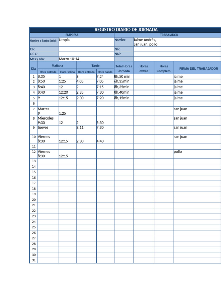 Modelo de Registro Jornada | PDF