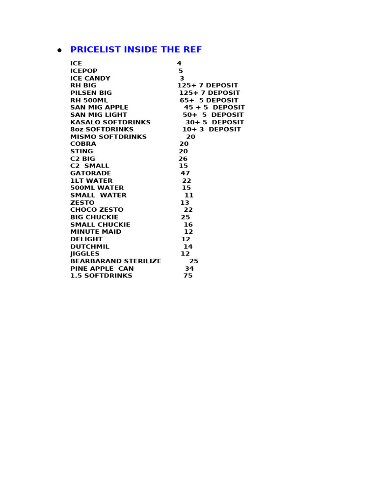 Beverage Price List and Deposits | PDF