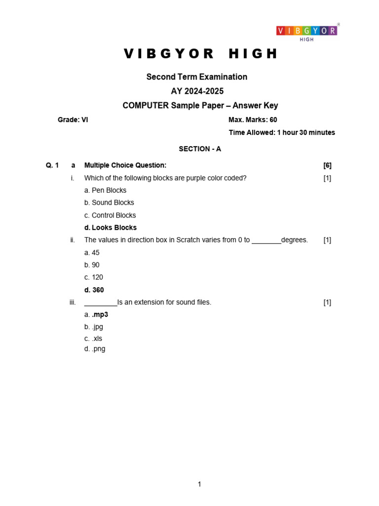 Grade 6 - Term 2 - Sample Paper - Answer Key | PDF | Html Element | Html