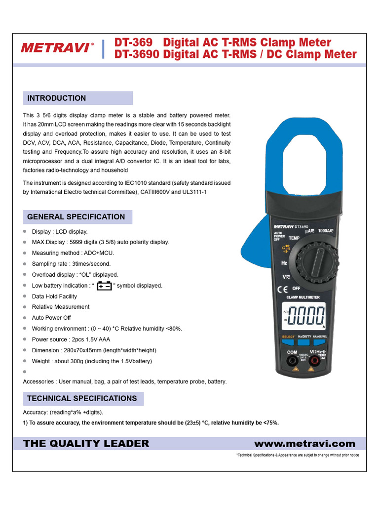 Metravi DT 3690 Digital AC DC Clamp Meter Catalogue | PDF | Electronic Engineering | Electricity