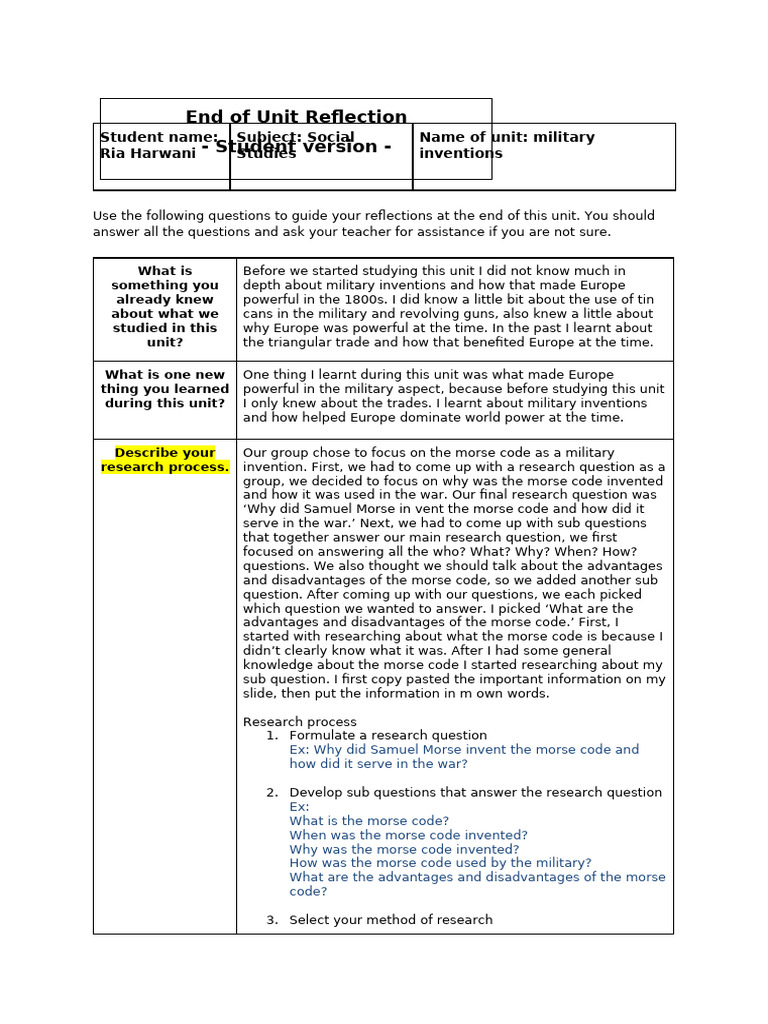 End of Unit Reflection - Ria | PDF | Thought | Information