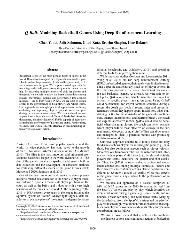 Q-Ball - Modeling Basketball Games Using Deep Reinforcement Learning | PDF