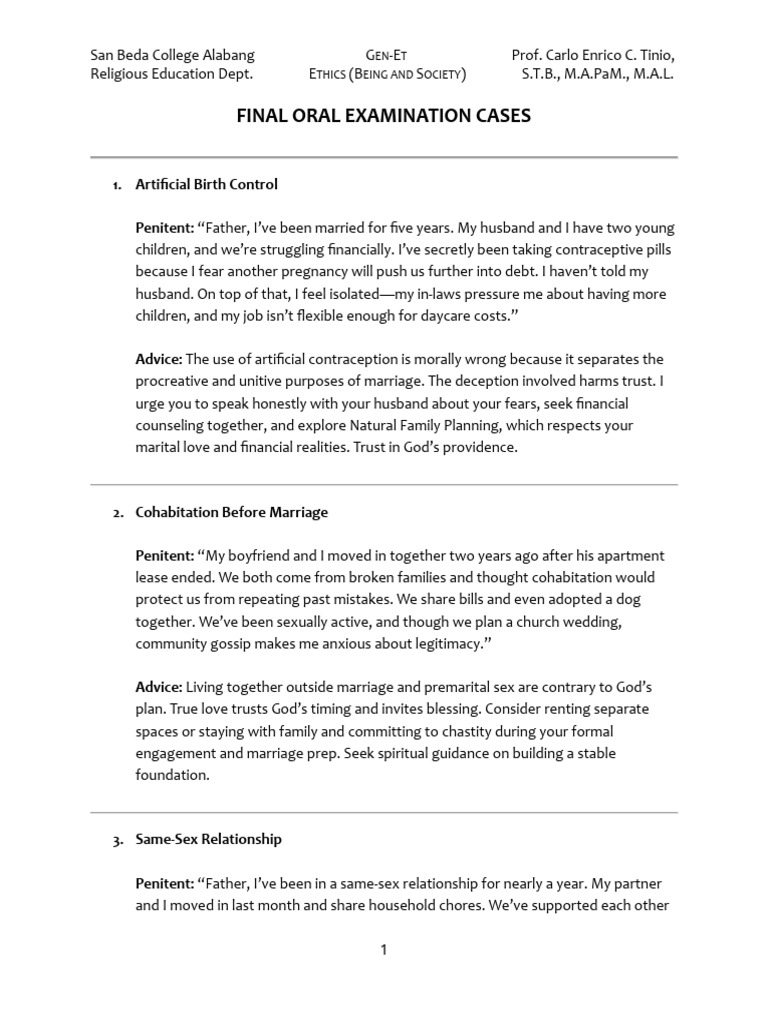 Final Oral Examination Cases - 2025 | PDF | Penance | Forgiveness