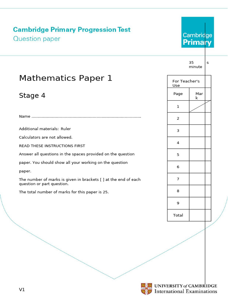 Primary Progression Test Stage 4 Math Paper 1 PDF Free | PDF | Mathematics