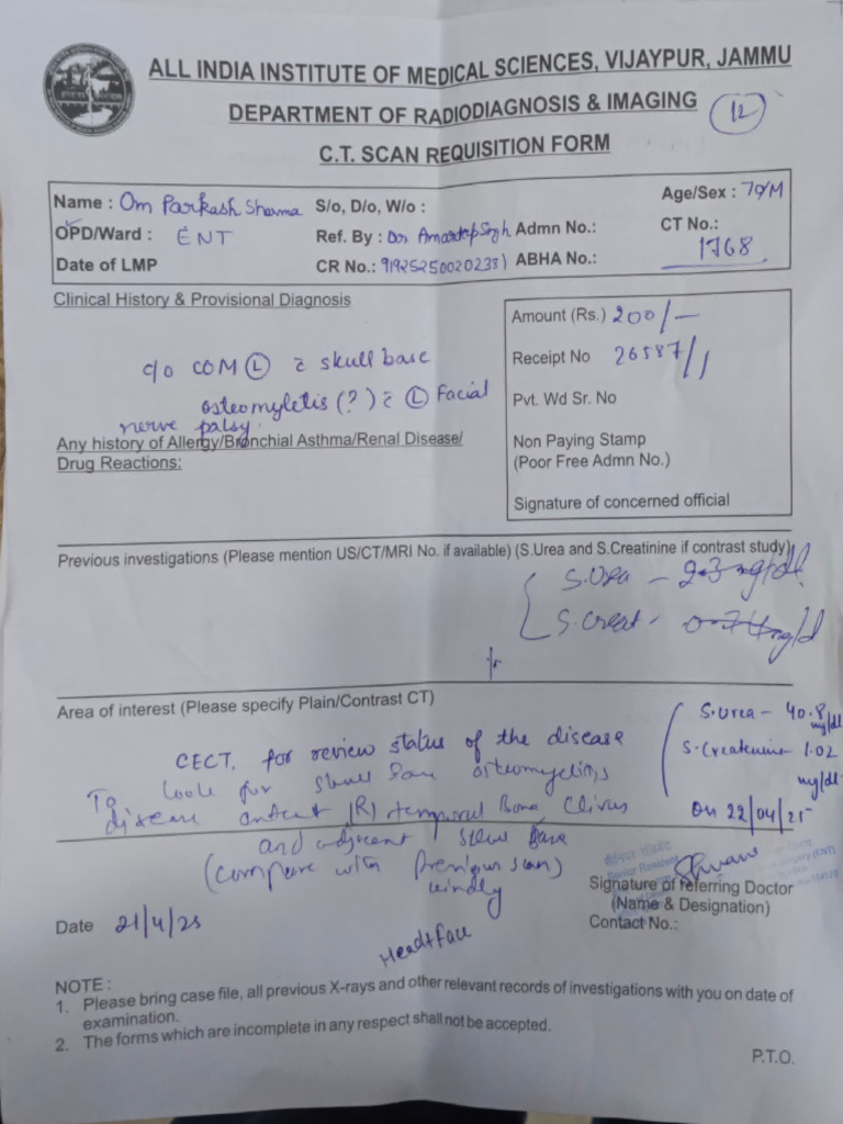 Om Parkash 70M, NCCT Temporal bone+CECT Head+face | PDF | Ear | Hearing