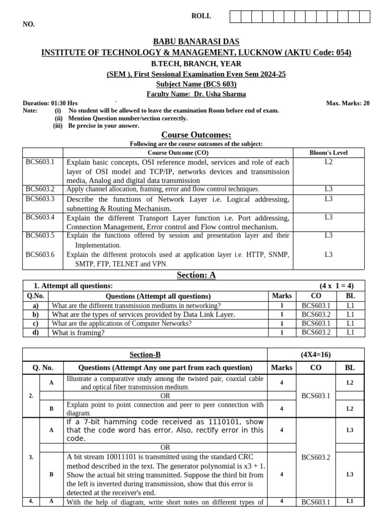 CN 1st Sessional - 6th SEM - BCS 603 - Final | PDF | Computer Network | Osi Model