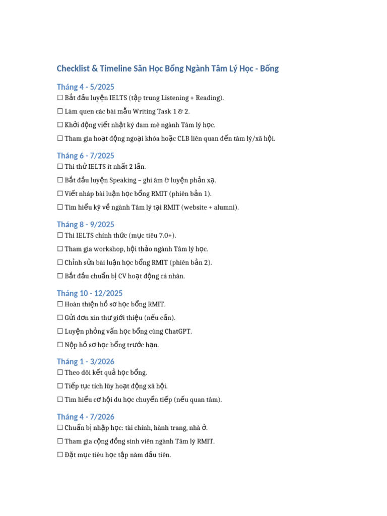 Checklist Timeline San Hoc Bong Bong | PDF
