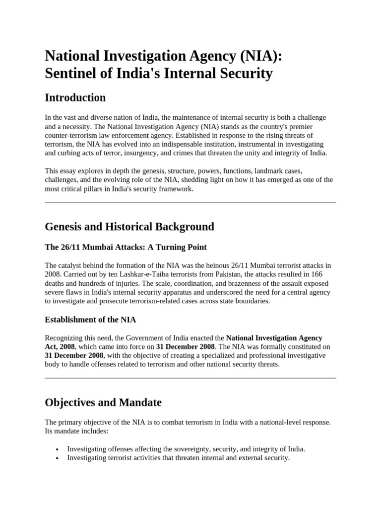 Functions of the National Investigation Agency | PDF | National ...