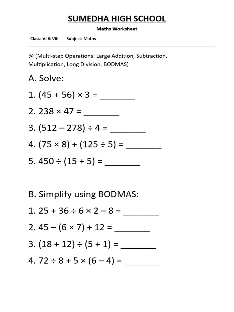 Class VI & VIII Maths Worksheet | PDF