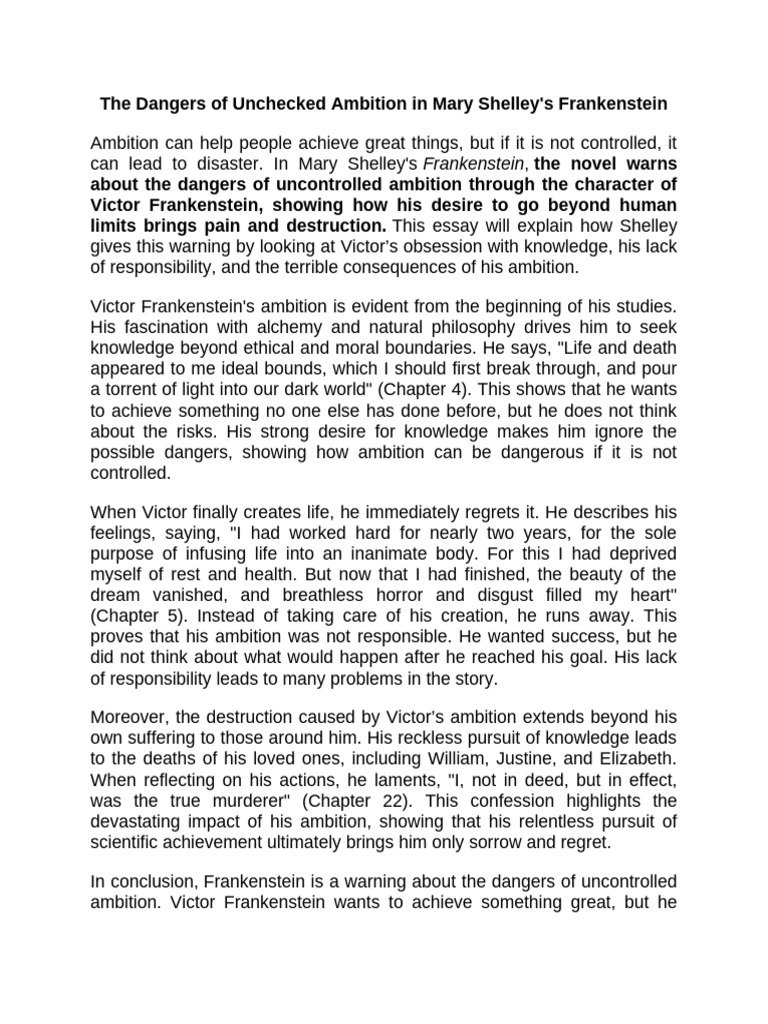 Dangers of Unchecked Ambition in Frankenstein | PDF | Frankenstein