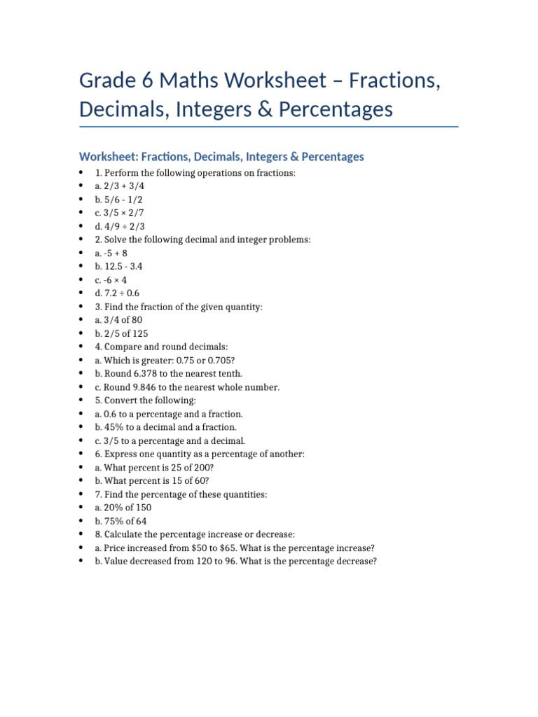 Grade6 Fractions Decimals Percents Worksheet Updated | PDF