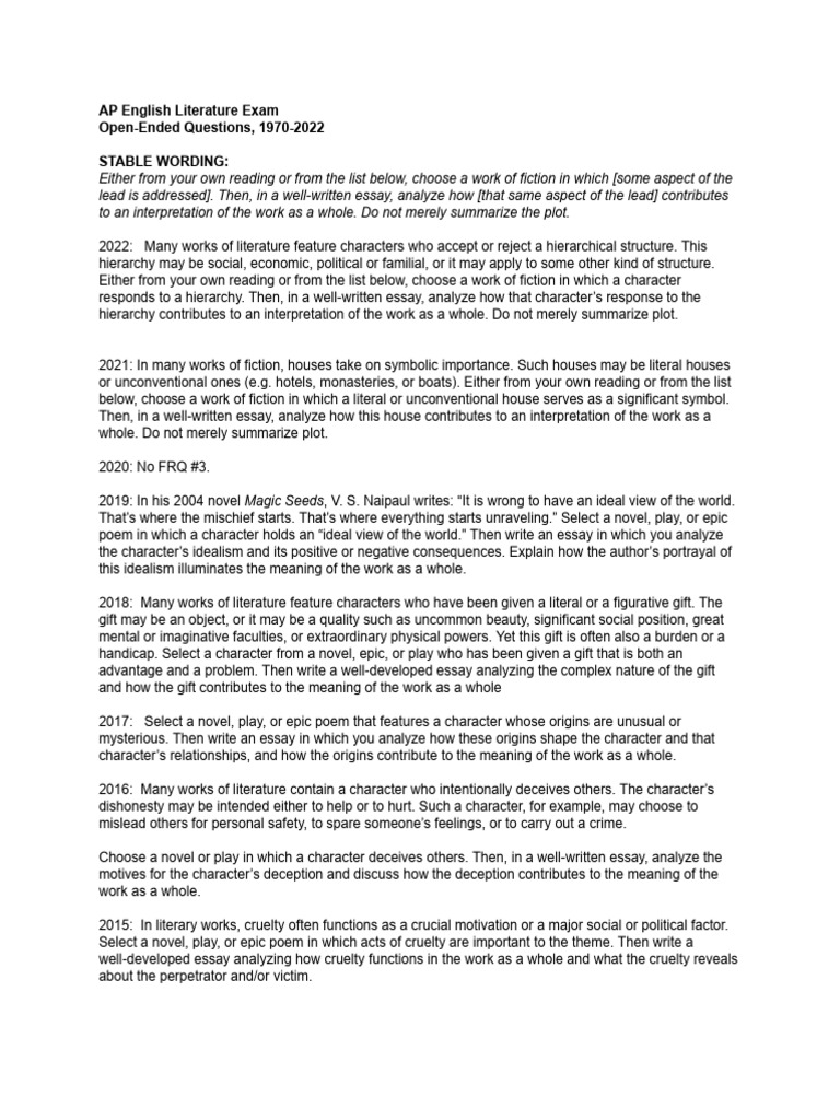 AP Lit Open-Ended Prompts Overview | PDF | Essays | The Awakening ...