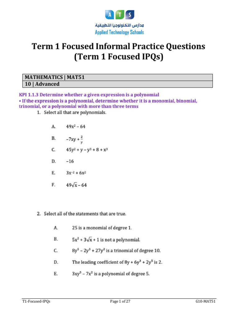 AY2425 T1 MAT51 Focused IPQ | PDF | Factorization | Mathematics