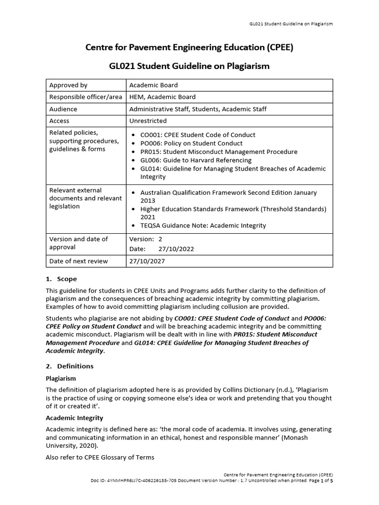 GL021 Student Guideline On Plagiarism | PDF | Academic Integrity ...