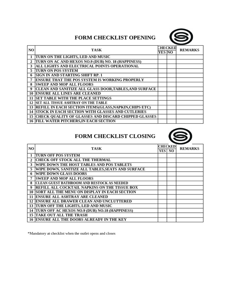 POS Opening and Closing Checklist | PDF