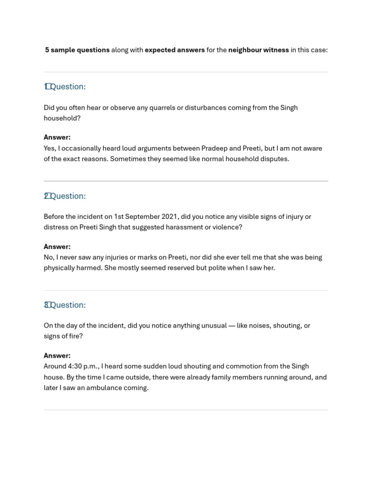 5 Sample Questions Expected Answers Neighbour Witness | PDF