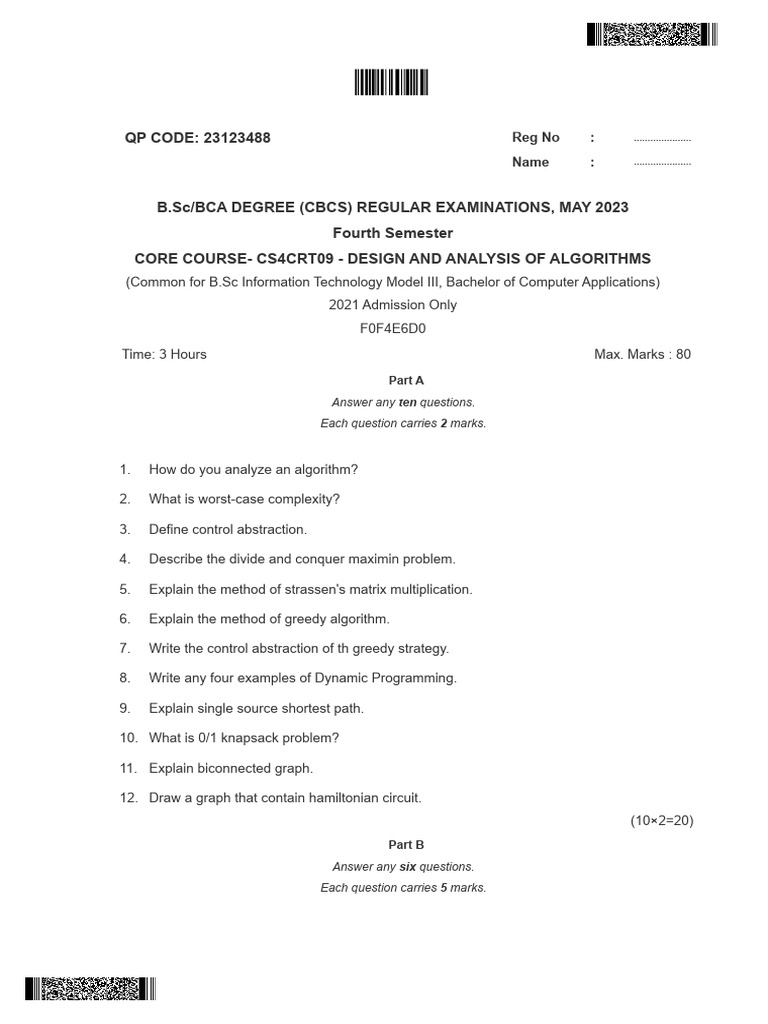 BCA 4th Sem: Algorithms Exam Paper | PDF | Algorithms | Graph Theory