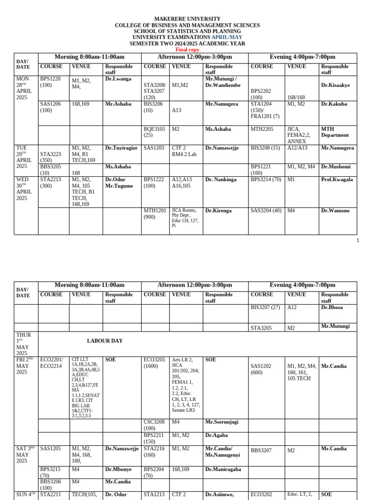 2024-25 SEM2 EXAMS Timetable - Final | PDF
