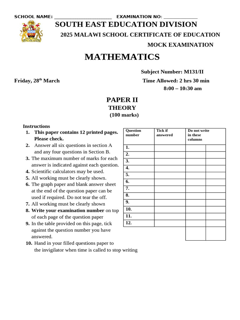 2025 Mathematics Mock Exam Paper | PDF | Mathematics