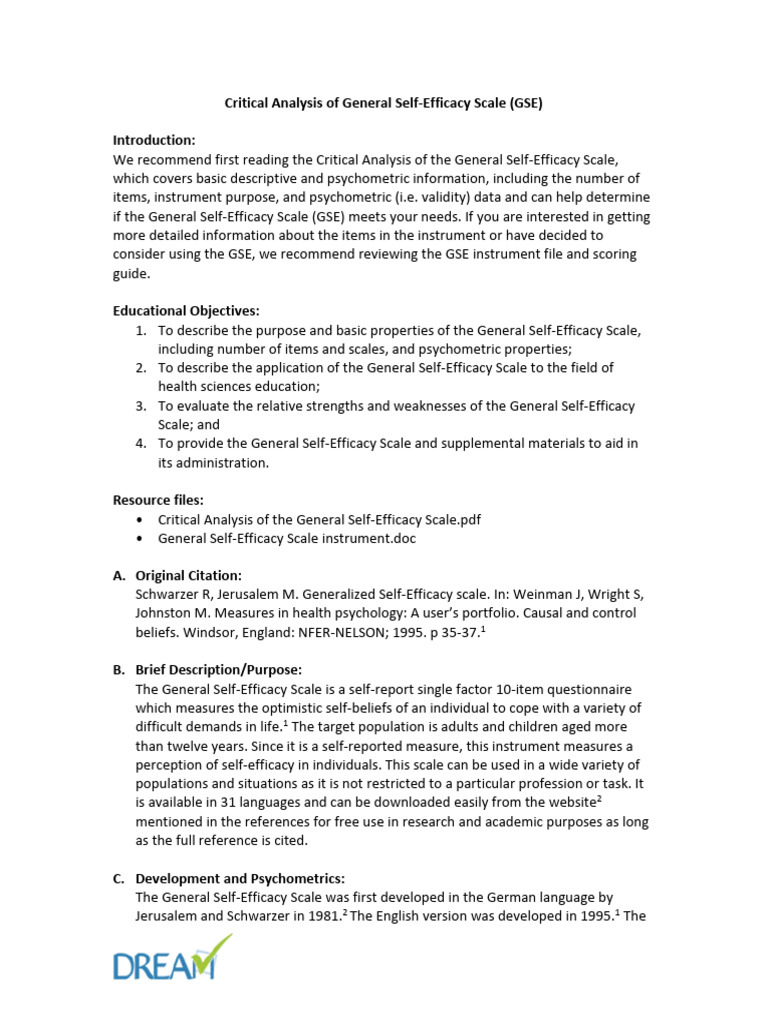 Critical Analysis of The General Self-Efficacy Scale | PDF | Self ...
