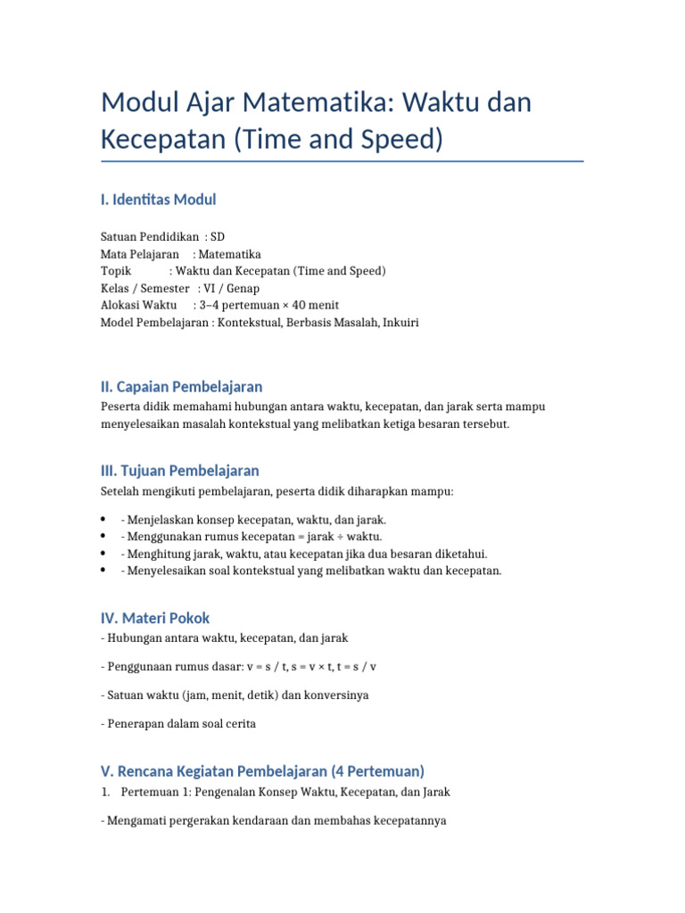 Modul Ajar Matematika: Waktu & Kecepatan | PDF