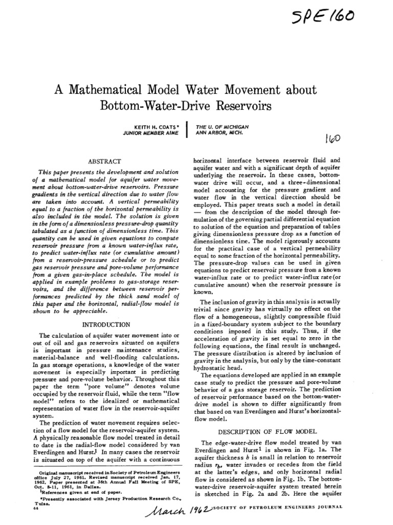 1962 - A Mathematical Model Water Movement About Bottom-Water-Drive ...