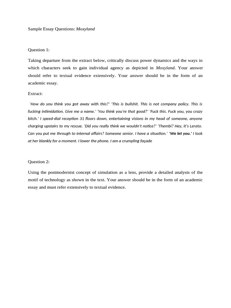 Moxyland Sample Essay Questions | PDF