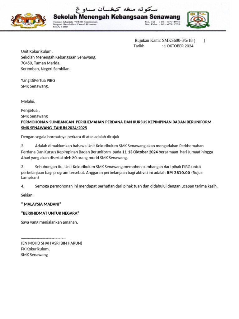 Surat Bajet Pibg Perkhemahan | PDF