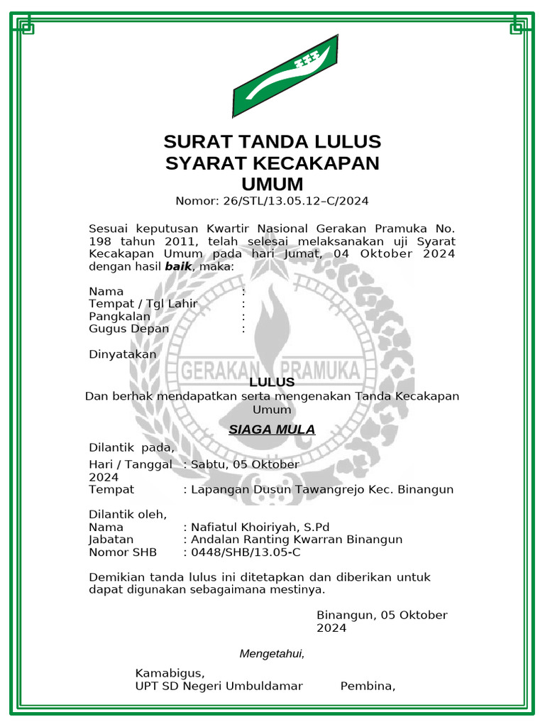 Surat - Tanda - Lulus - Siaga - Mula (Khusus PI) | PDF
