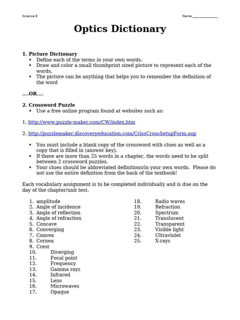Optics Crossword Dictionary | PDF