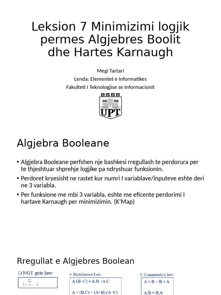Leksion 7 Minimizimi Logjik Permes Algjebres Boolit Dhe Hartes Karnaugh ...