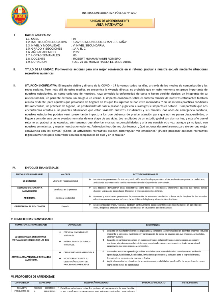 Unidad de Aprendizaje Nº1 - 1º Sec | PDF | Aprendizaje | Enseñando