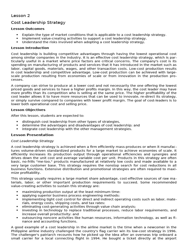 Lesson 2 - Cost Leadership Strategy | PDF | Online Shopping ...