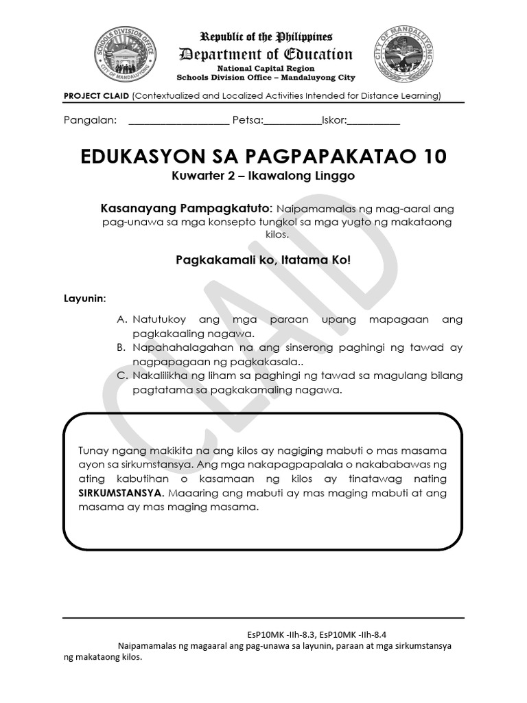 EsP10 - ACTIVITY SHEET Week 8 | PDF