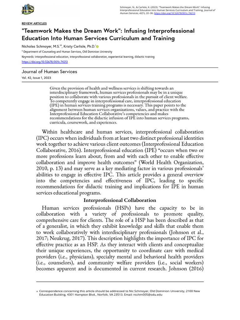 Teamwork Makes The Dream Work Infusing Interprofessional Education Into Human Services ...